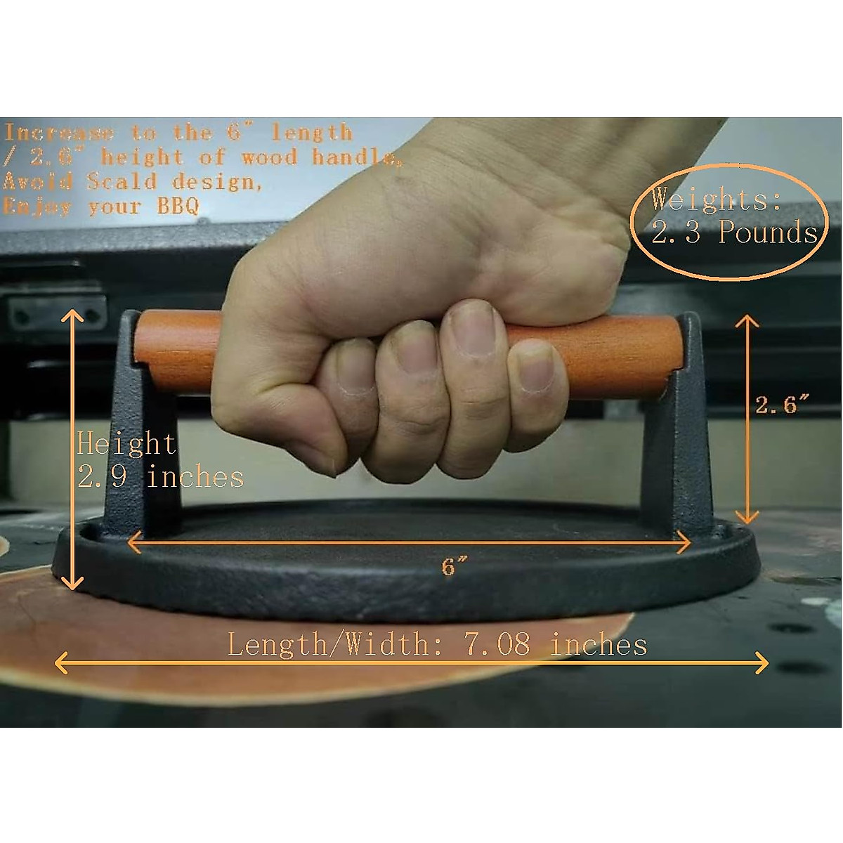 Firsgrill Burger Press 7.08" Round,Heavy-Duty Cast Iron Smash Burger Press Meat Steak With Wood Handle for Blackstone Camp chef Pitboss Weber Griddle Grills(Round)