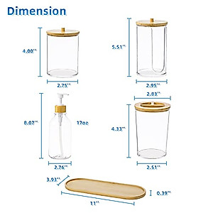VITVITI 7Pcs Bathroom Accessories, Mouthwash Lotion Soap Dispenser, Qtip/Cup/Toothbrush Holder, Plastic Bathroom Accessory Set with Bamboo Tray Lid, Clear