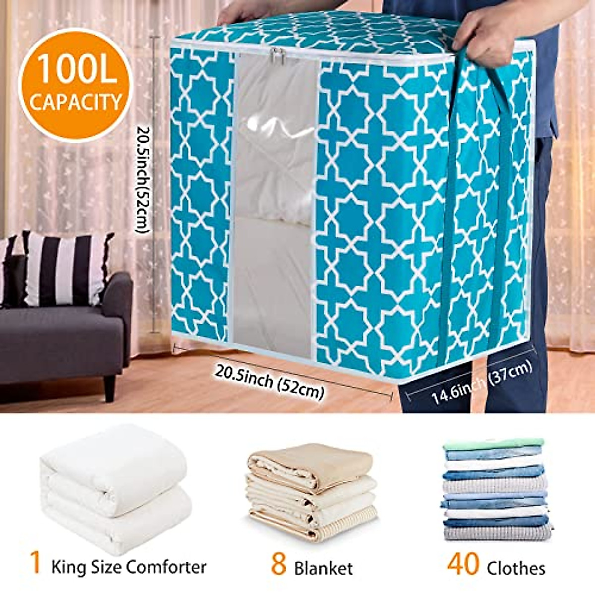 PFFVRP Storage Bags 100L 6-Pack, Blanket Clothes Organization with Reinforced Handle and Clear Window, Foldable with Sturdy Zipper, Large Capacity Comforter Storage Bag(Blue)