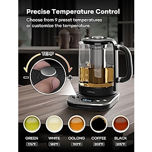 Offacy Electric Tea Kettle, 1.6L 1200W Fast Heating 9 Smart Presets with Removable Infuser Temperature Control 2H Keep Warm, BPA-Free Glass Teapot for Coffee, Boil-dry Protect, Easy to Clean, Black
