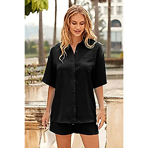 PRETTYGARDEN Women's 2 Piece Satin Pajama Sets Short Sleeve Button Down Tops And Shorts Set 2023 Summer Pjs Silk Sleepwear (Black,Medium)