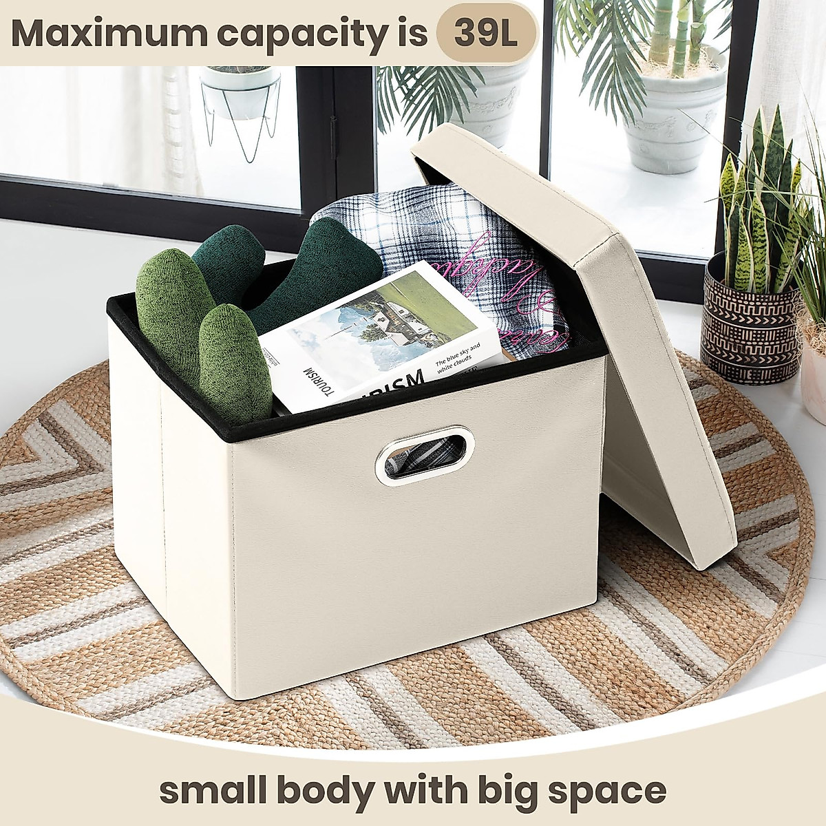 COSYLAND Storage Ottoman Foot Rest - 17x13x13in Leather Ottoman Rectangle Foot Stool Folding Ottoman for Room Dorm Small Collapsible Bench Seat Organizer Entryway Furniture with Handles Lid Beige