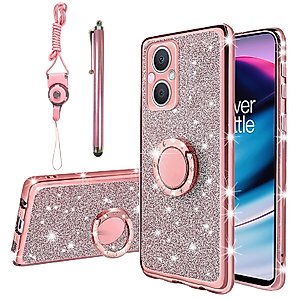 KuDiNi for N20 Phone Case, OnePlus Nord N20 5G Case for Women Cute Glitter Crystal Soft Clear Tpu Luxury Bling Protective Cover with Kickstand Strap for OnePlus Nord N20 5G (Glitter Rose)