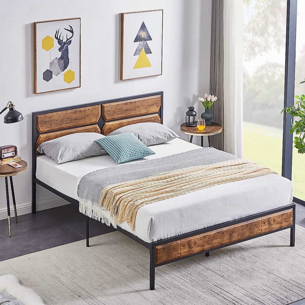 VECELO Full Bed Frame Metal Platform with Wooden Headboard & Footboard Mattress Foundation Strong Metal Slats Support No Box Spring Replacement/Easy Assemble