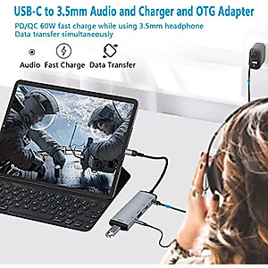 5 IN 1 USB C to 3.5mm Headphone and Charger Adapter, USB C Hub OTG USB 3.0 Data Adapter PD 60W Charger Fit with iPad Pro/iPad Air Mini/Macbook Pro/Air, Galaxy S23 S22 Note 20 Ultra, Pixel 7 6 Pro