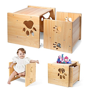 Wemaido Montessori Weaning Table and Chair Set,Solid Wooded Kids Activity Table and Chair for Reading/Eating/Playing,Montessori Furniture Toddler Cube Table and Chair,CPC Certified