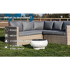 Teamson Home MGO Light Concrete Round Charcoal and Wood Burning Fire Pit for Outdoor Patio Garden Backyard with Spark Screen, Fireplace Poker, Grate, and BBQ Grill, Light Gray