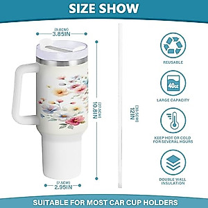 Jihqo Watercolor Cute Flowers 40 oz Stainless Steel Vacuum Insulated Tumbler with Handle and Straw Lid Reusable Leakproof Water Bottle Double Wall Travel Mug Coffee Cup, Cupholder Friendly