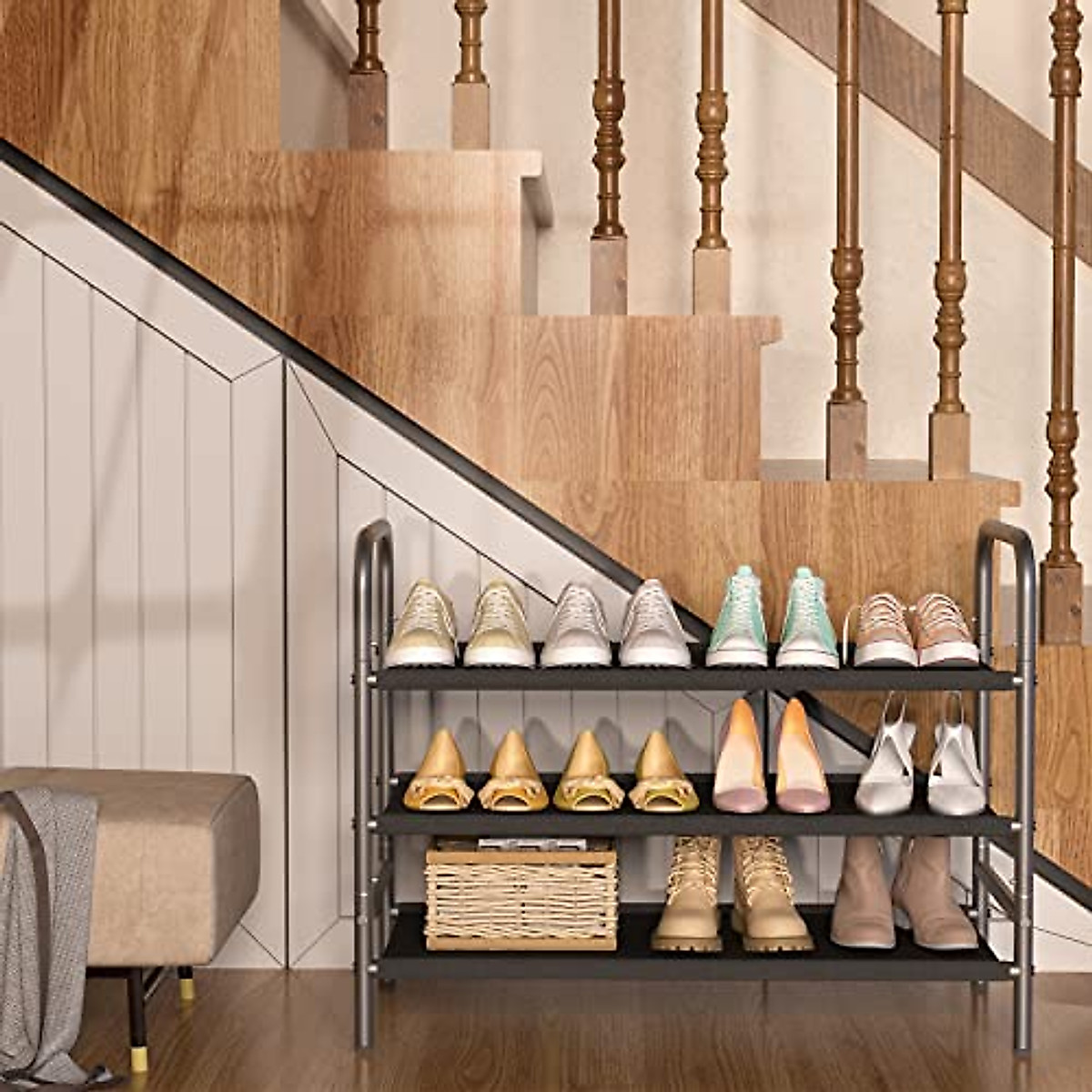 Huhote Shoe Rack 3 Tiers Freestanding Shoe Storage Shelf, Modern Shoe Organizer Multi-Purpose Use with Washable Polyester Fabric Storage Rack for Closet, Entryway, Hallway, Bedroom, Living Room
