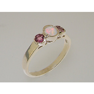 LetsBuyGold 925 Sterling Silver Natural Opal & Pink Tourmaline Womens Trilogy Ring - Size 9.5