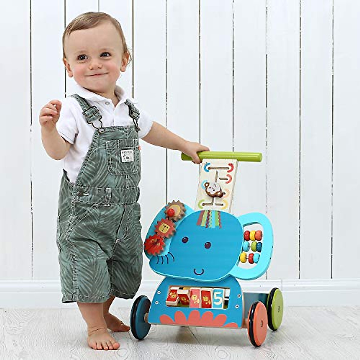 labebe - Baby Pushing Walker Toy for 1-3 Years Old Girl/Boy, Toddler Learning Walker 4 Wheels Wooden Walker, Infant Activity Walker Wagon Toy, Kids Walker Toy for Walking - Blue Elephant