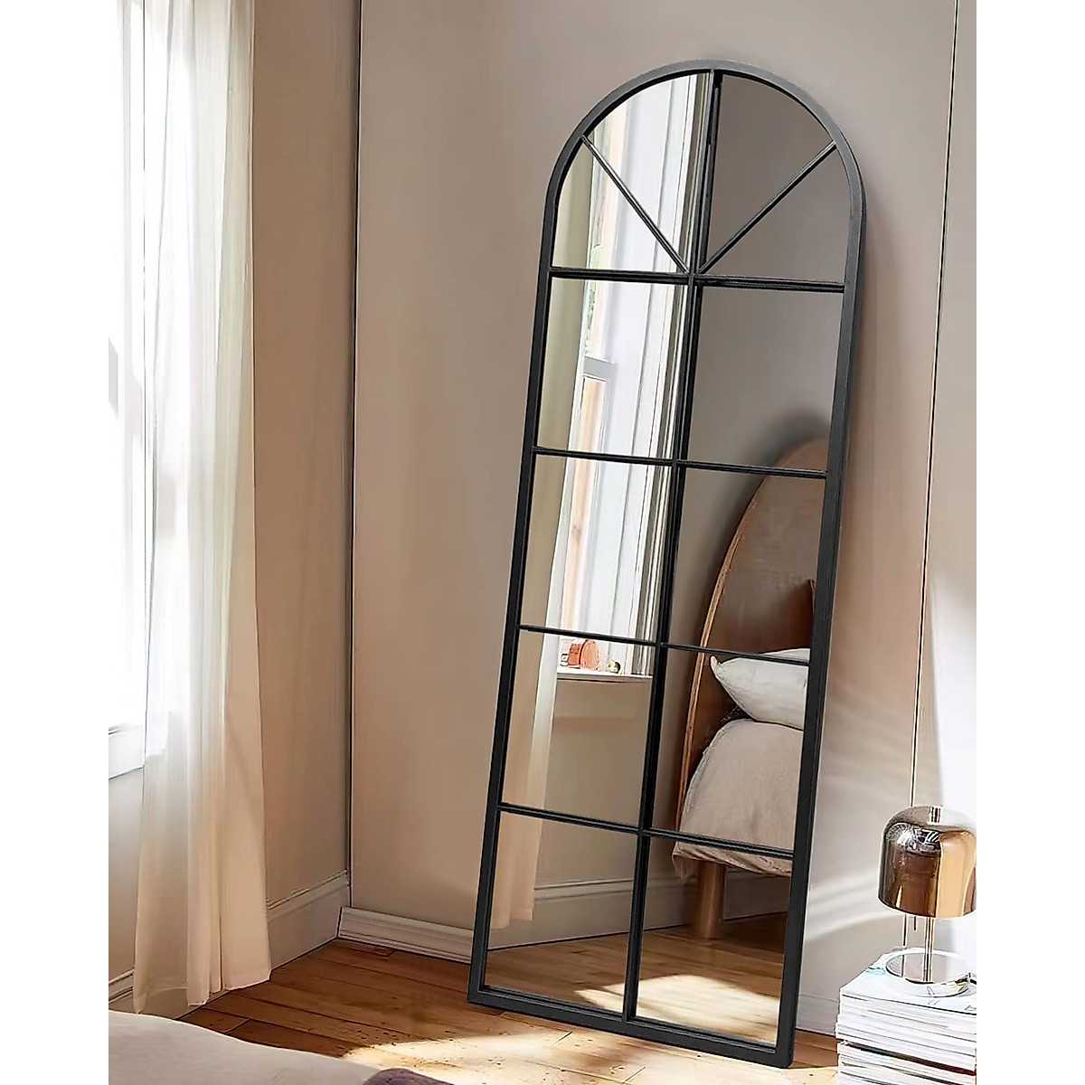 ZMYCZ Floor Full Length Mirror, Black Arched-Top, Large Window Pane Mirror, Wall Mounted Mirror, 65"x22" Standing Mirror Hanging or Leaning, Body Mirrors for Bedroom, No Stand