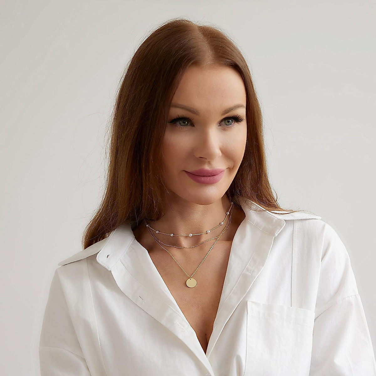 Rotnso Gold Layered Necklace for Women 14K Gold Plated Dainty Necklace Set Disc Coin Pendant Pearl Bead Choker Simple Long Layering Stacked Gold Chain Necklaces Trendy Jewelry Gifts