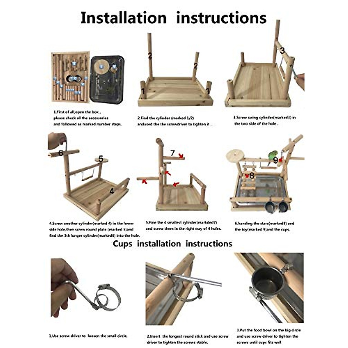 NAPURAL Parrots Playstand Bird Playground Wood Perch Gym Stand Playpen Ladder with Toys Exercise Playgym with Feeder Cups Toys Exercise Play