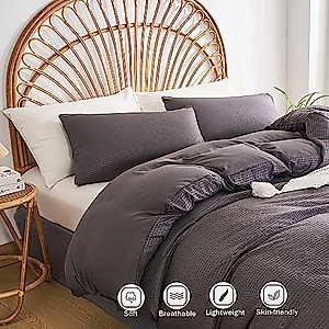 DuShow Seersucker Duvet Cover King-Solid Textured Bedding Cover Set,Soft Duvet Cover Set with Zipper Closure,Corner Ties(Dark Grey,104"x90")