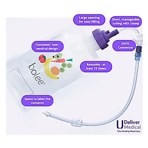 Bolee Bag Reusable Gravity Bag for Home Tube Feeding. A Tube Feeding Nutrition Container for use with g-Tubes. Attach an enfit Compatible Bolink Large Cap (Sold Separately) for g-Tube Feeding.