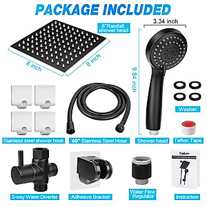 Taiker Shower Head, High Pressure 8'' Rainfall Stainless Steel Shower Head/Handheld Combo with 60'' Hose Anti-leak Shower Head with Holder, Flow Regulator, Chrome, 4 Shower Hooks Black