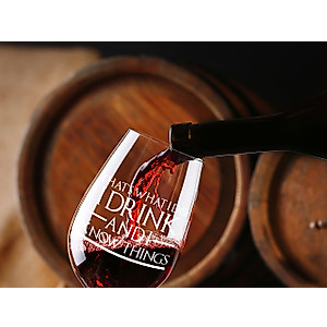 Game of Thrones Stemless Wine Glasses (21oz) - Personalized Etched Glassware w/ “That’s What I Do I Drink and I Know Things” Quote - Stemless Custom Wine Glasses - Fathers Day Gifts for Dads