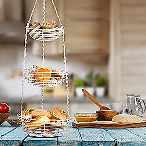 Hotop 3-Tier Hanging Fruit Basket Vegetable Storage Wire Basket with 16 Inch Fixture Chain and Ceiling Hook for Putting Fruit Vegetables Snacks Household Items (White)