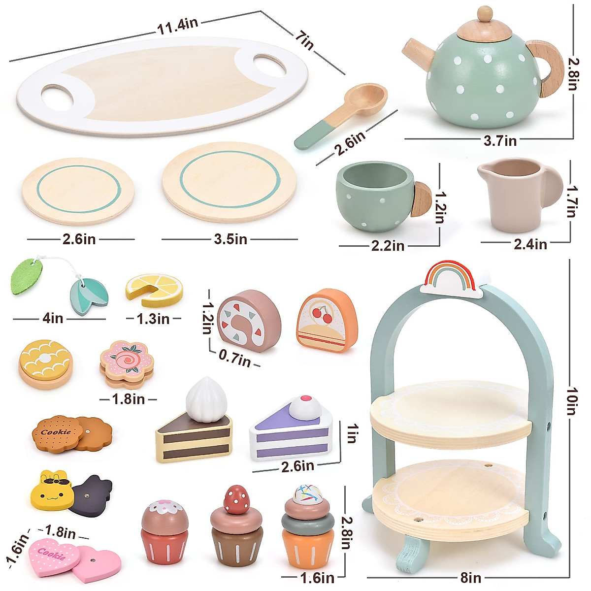 Atoylink Wooden Tea Party Set for Little Girls 28 Pcs Toddler Tea Set with Cupcake Stand & Food Pretend Play Accessories Kids Kitchen Playset Wooden Toys for 2 3 4 5 6 Year Old Girl Birthday Gift