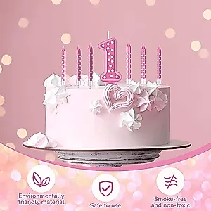 Birthday Candle Number 1 Girls 3 Inch Hot Pink Candle and 6 Pcs Polka Dot Birthday Candles 3.8 Inch First Party Cake Birthday Decorations for Girl
