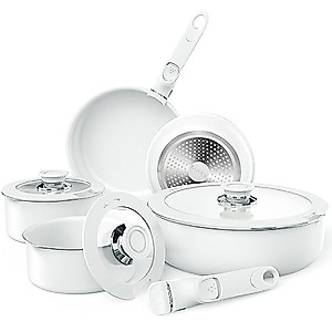 Bazova Pots and Pans Set Nonstick with Detachable Handles, 10 Pcs Ceramic Kitchen Cookware Sets, Stackable Cooking Set for All Stoves Includes Induction, Oven Safe, PFOA & PFAS Free