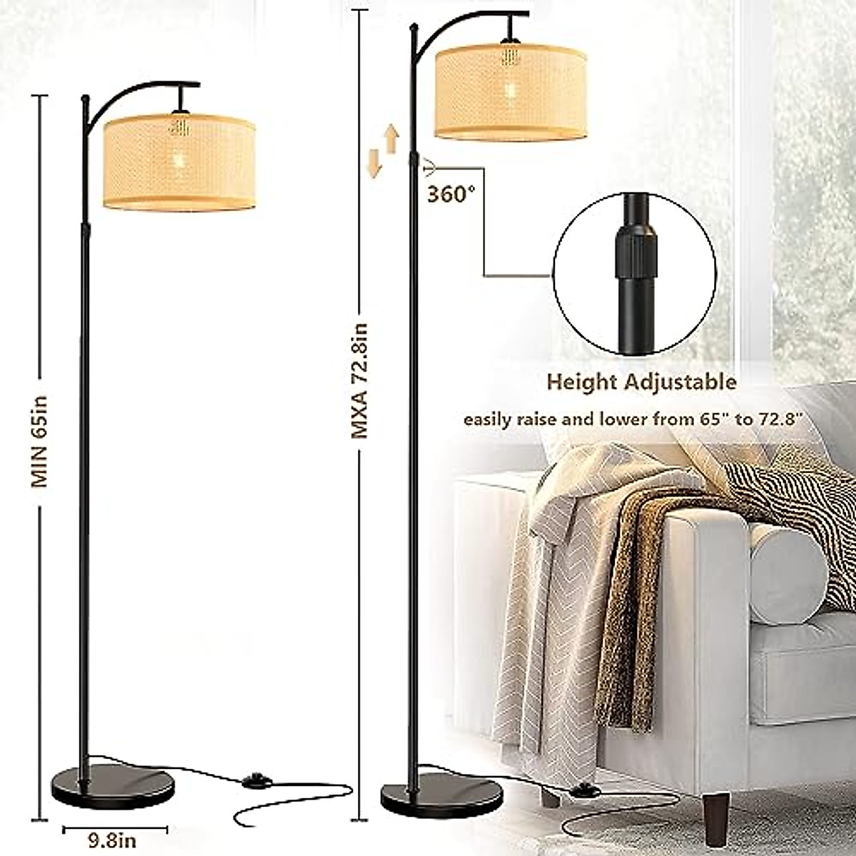 QIYIZM Floor Lamp with Remote Arc Boho Rattan Standing Lamp,Farmhouse Dimmable Industrial Black Wicker Floor Light Rustic Adjustable Tall Lamp,Bamboo Lamp Shade Floor Lamps for Living Room Bedroom