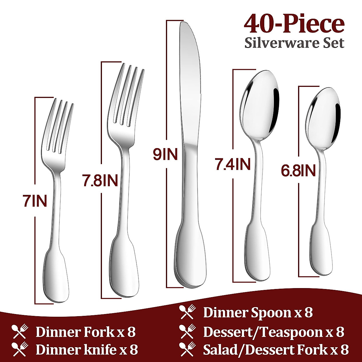 40-Piece Silverware Set for 8, E-far Stainless Steel Flatware Cutlery Set with Design Handle, Modern Metal Tableware Eating Utensils for Kitchen Restaurant Wedding, Mirror Polish & Dishwasher Safe