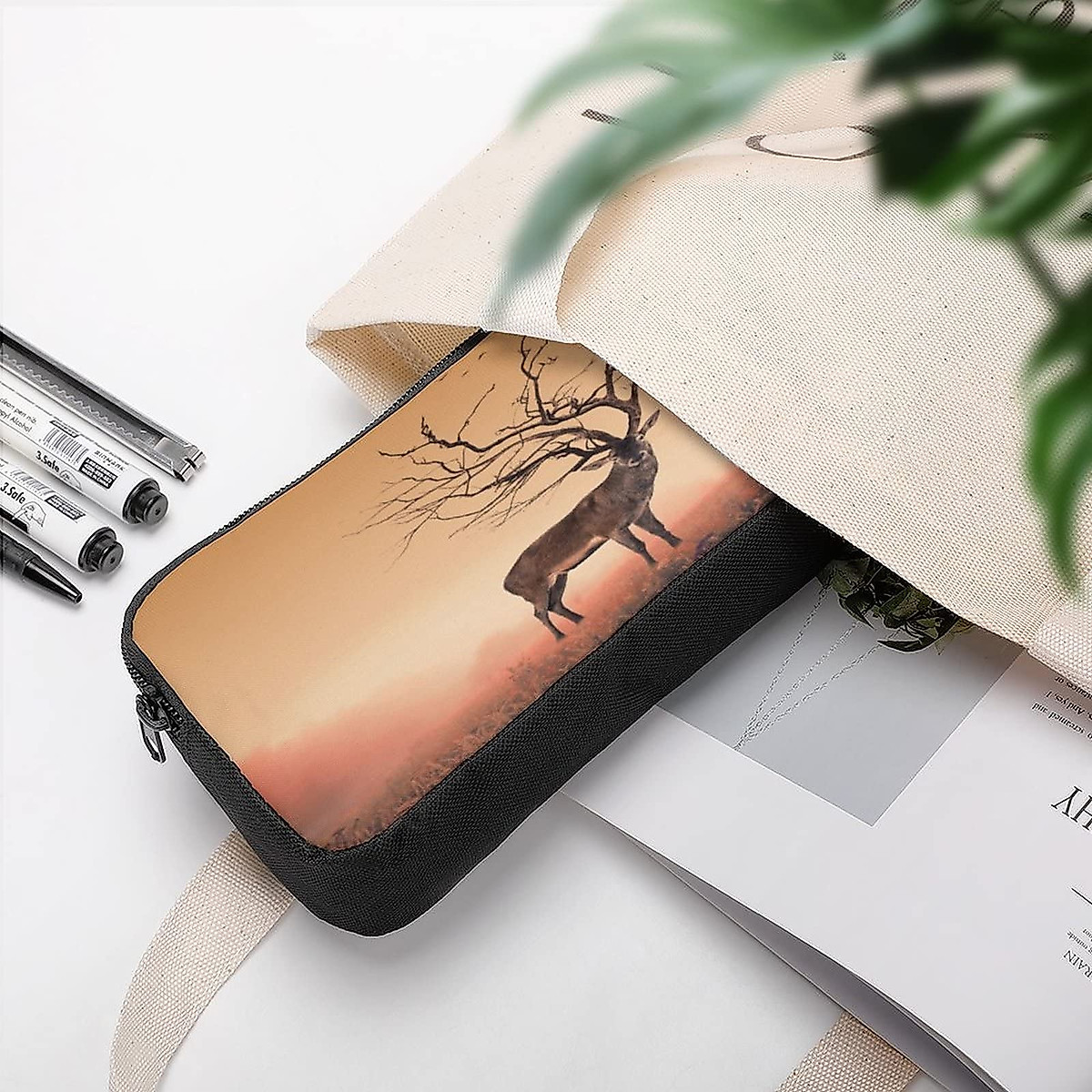 Dry Tree Like Red Deer Stag Pencil Case Pencil Pouch Coin Pouch Cosmetic Bag Office Stationery Organizer