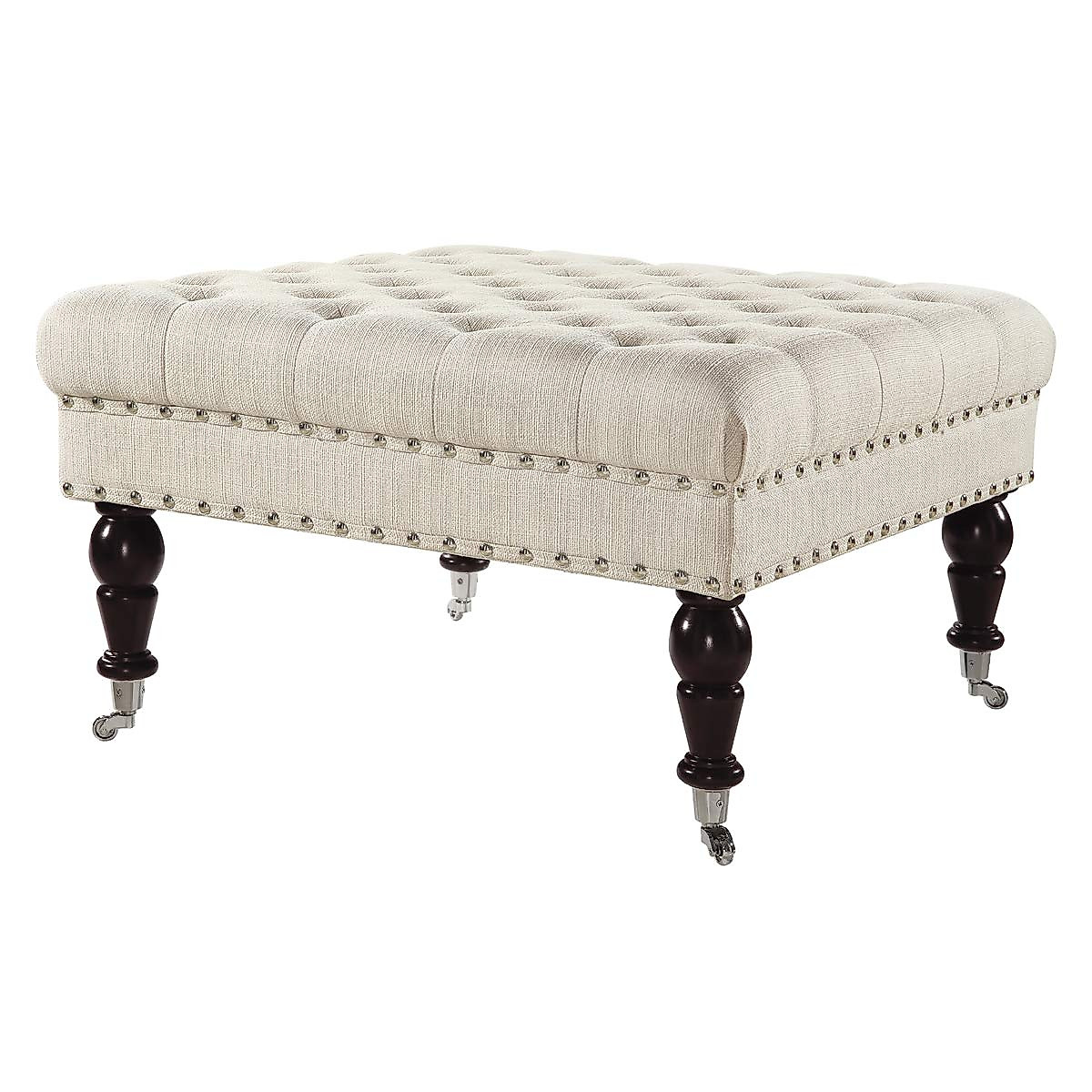 24KF Large Square Upholstered Tufted Button Linen Ottoman Coffee Table, Large Footrest Bench with Casters Rolling Wheels-Ivory