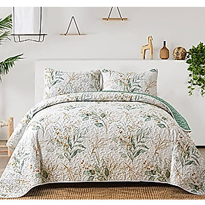 Floral Quilt Queen Size,Green Botanical Queen Quilt 3 Pieces,Reversible Soft Bedspread Queen Size for All-Season(96"x90")