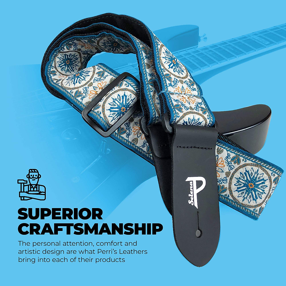 Perris Leather Guitar Strap - The Hope Collection - Mandala Design Polyester Guitar Strap, with Leather Ends - Electric/Acoustic/Bass Guitar Strap - Adjustable Strap From 39″ to 58″ - Blue
