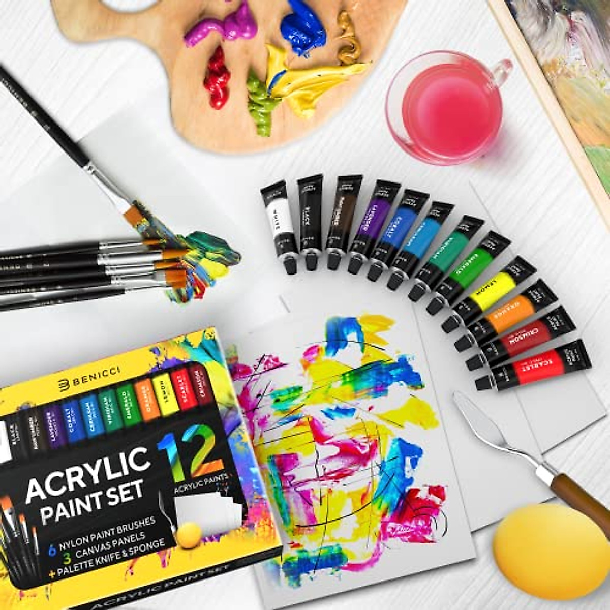 Acrylic Paint Set for Kids, Artists and Adults - 12 Vibrant Colors, 6 Brushes and 3 Paint Canvases - Perfect for Beginners or Professionals
