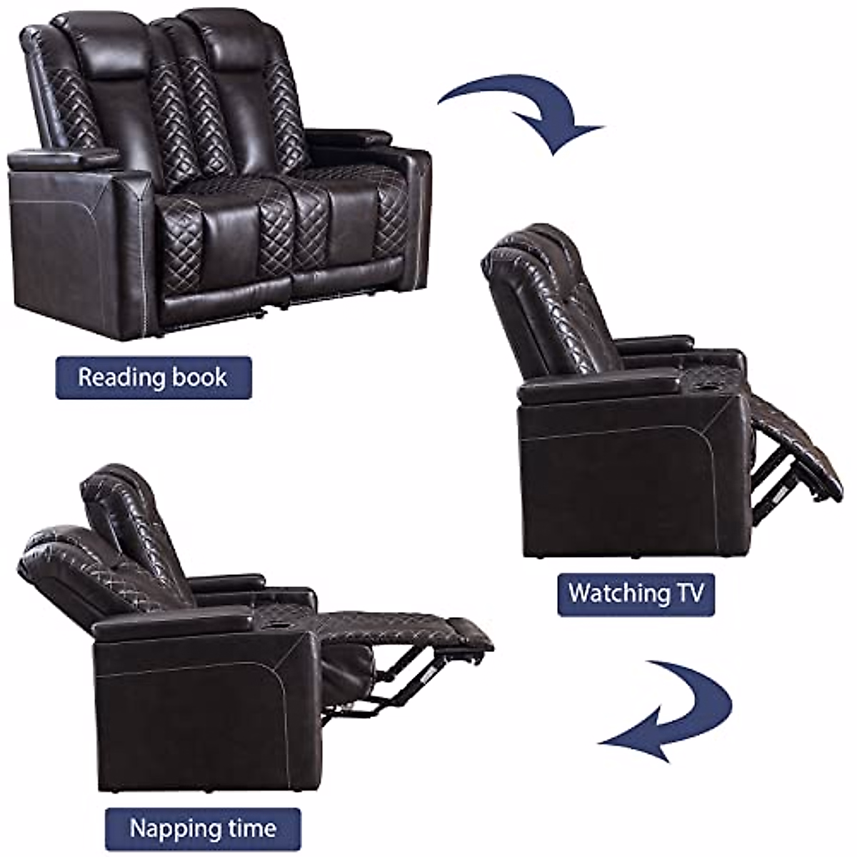 CANMOV Home Theater Seating, Electric Power Recliner with USB Ports and Cup Holders, Breathable Faux Leather Loveseat with Hidden Arm Storage, Ambient Lighting (Row of 2 Loveseat, Brown)