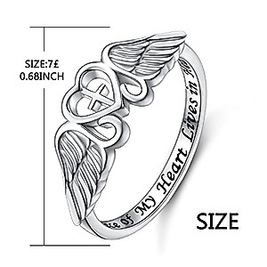 FLYOW S925 Sterling Silver A Piece of My Heart Lives in Heaven Angel Wing Ring for Women Jewelry Memory of Mom Dad Grandma Grandpa Husband Loss Memorial Gift, Size 9