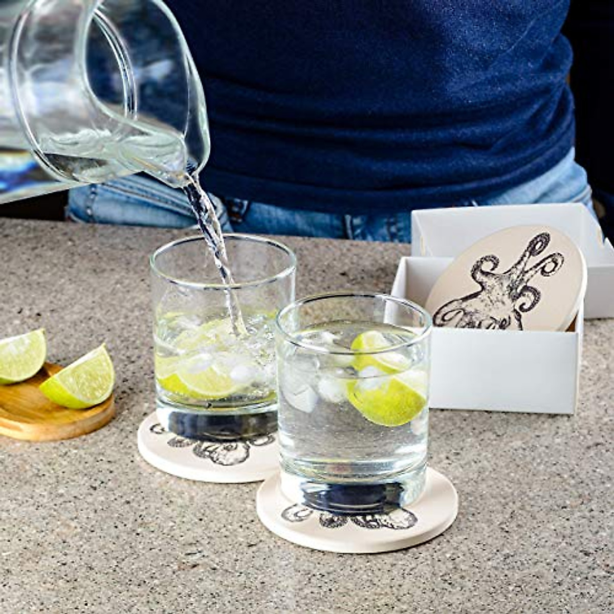 Octopus Coasters - Octopus Table - 6 Octopus Coasters for Drinks - Nautical Coasters Stone Absorbent Beige Ceramic 4.13 inch - Beach Theme - Coastal Coasters - Steampunk Coasters Set Gift