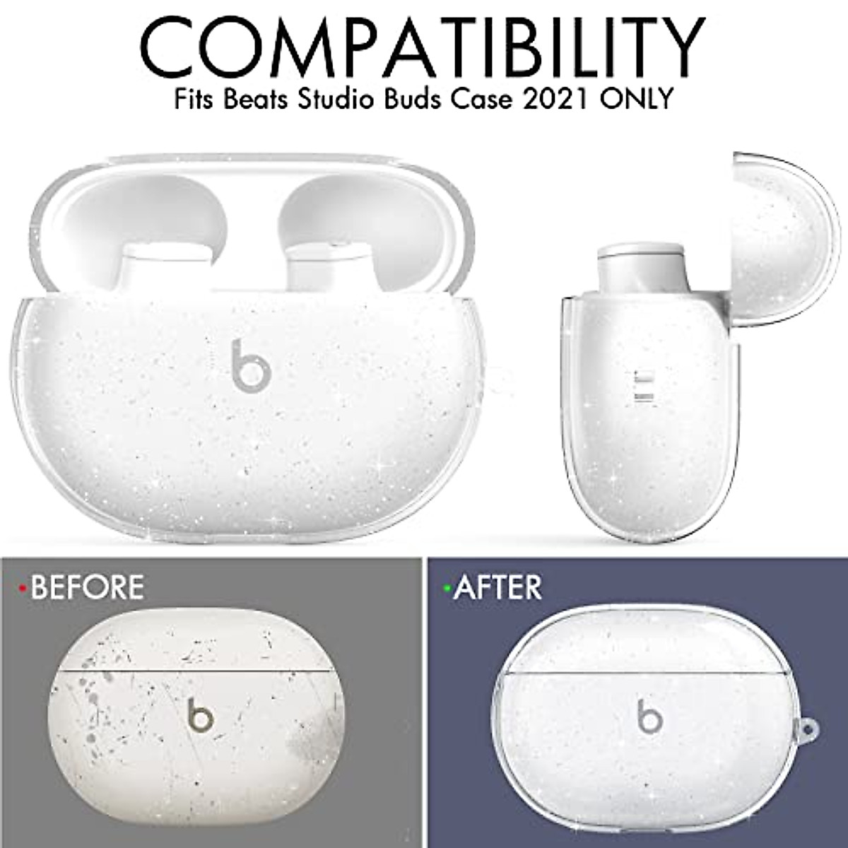 NIUTRENDZ Clear Case for Beats Studio Buds Case Soft TPU Protective Cover with Carabiner Compatible with Beats Studio Buds (Glitter Clear)