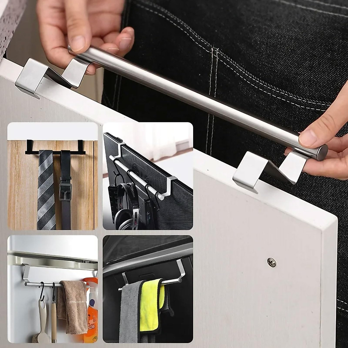 Generic Drill-Free Cabinet Hanging Rack, Over The Cabinet Towel Holder Dish Towel Holder Stainless Steel for Bathroom Kitchen (black, small)