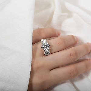 CannyCat 3 Stone Moissanite Ring for Women 5cttw 3 carat 9.5mm Certified Moissanite Diamond with Side 1 carat 6.5mm D color VVS Brilliant Platinum Plated Silver Anniversary Engagement Wide Band (7)