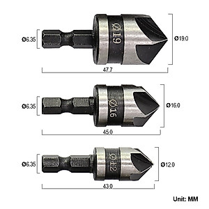 Yakamoz 3Pcs 1/4 Inch Hex Shank 5 Flute 90 Degree Chamfering Countersink Drill Bit Set | 12mm 16mm 19mm