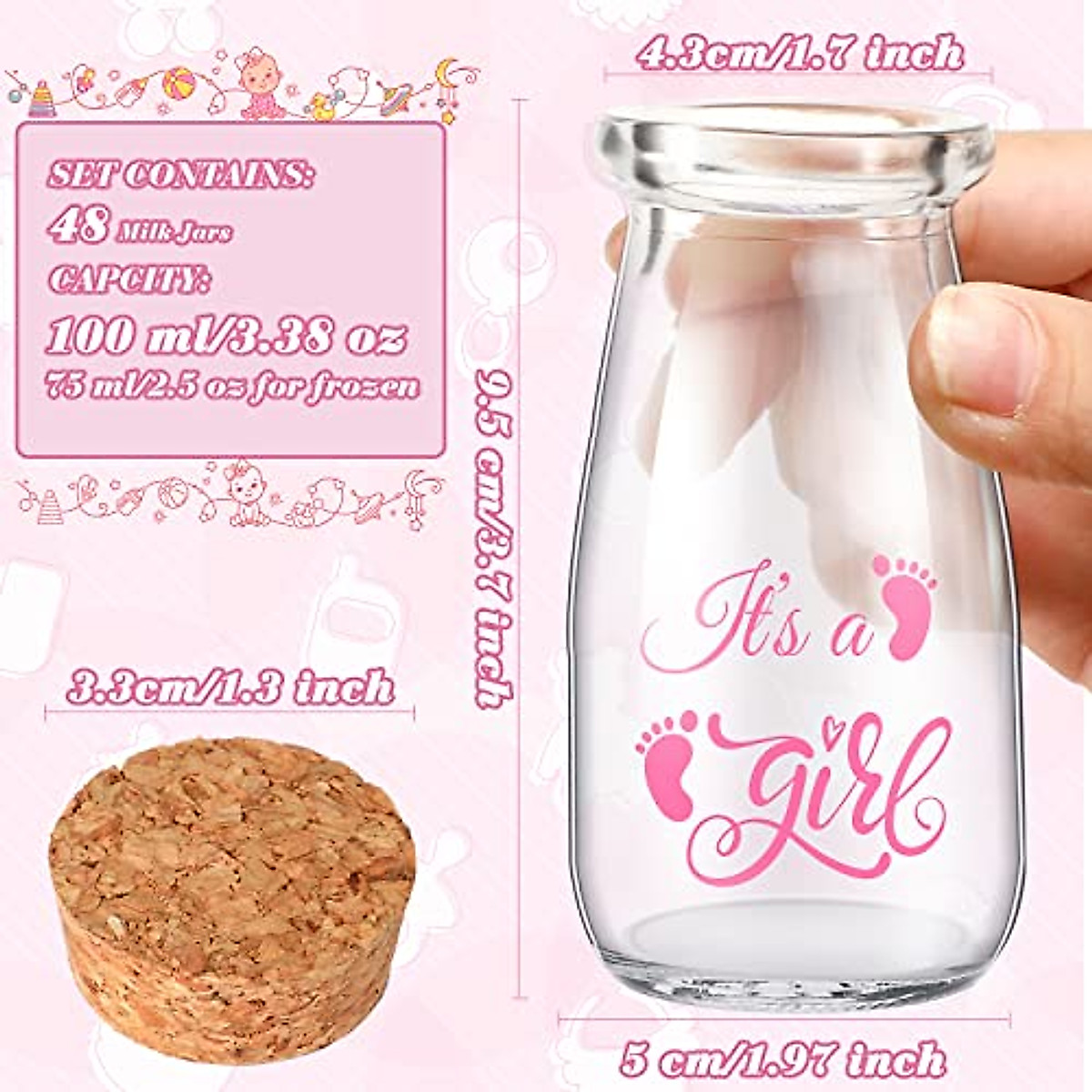 Sieral 48 Pcs 3.4 oz Small Glass Bottles Favor Jars with Cork Lids Baby Shower Decorative Milk Jar for Party Candy Decorations Souvenirs (It's a Girl)