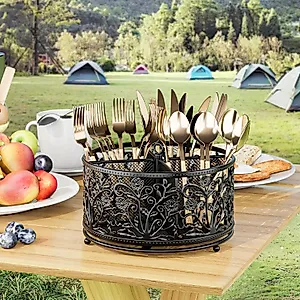 YIUKEA 360° Rotating Utensil Caddy - Silverware Cutlery Caddy Holder with 4 Compartment, Metal Flatware Organizer Countertop with Handle for Party Camping Picnic, Kitchen Counter, Office (Black)