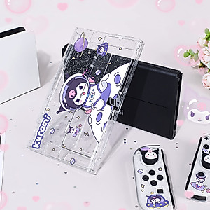 DLseego Little Devil Rabbit Glitter Switch OLED Protective Case Astronaut Clear Dockable Anti-Scratch Hard Shell Soft TPU Joy Con Cover with 2PCS Cute Cartoon Thumb Grips Caps for Switch 2021 Version