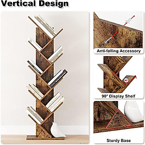 Function Home 9 Tier Tree Bookshelf, Modern Tall Geometric Bookcase, Freestanding Book Shelf, Wood Floor Storage Shelf for Living Room, Bedroom, Home Office,Rustic Brown
