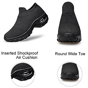YHOON Women's Walking Shoes - Sock Sneakers Slip on Mesh Platform Air Cushion Athletic Shoes Work Nurse Comfortable Black 7