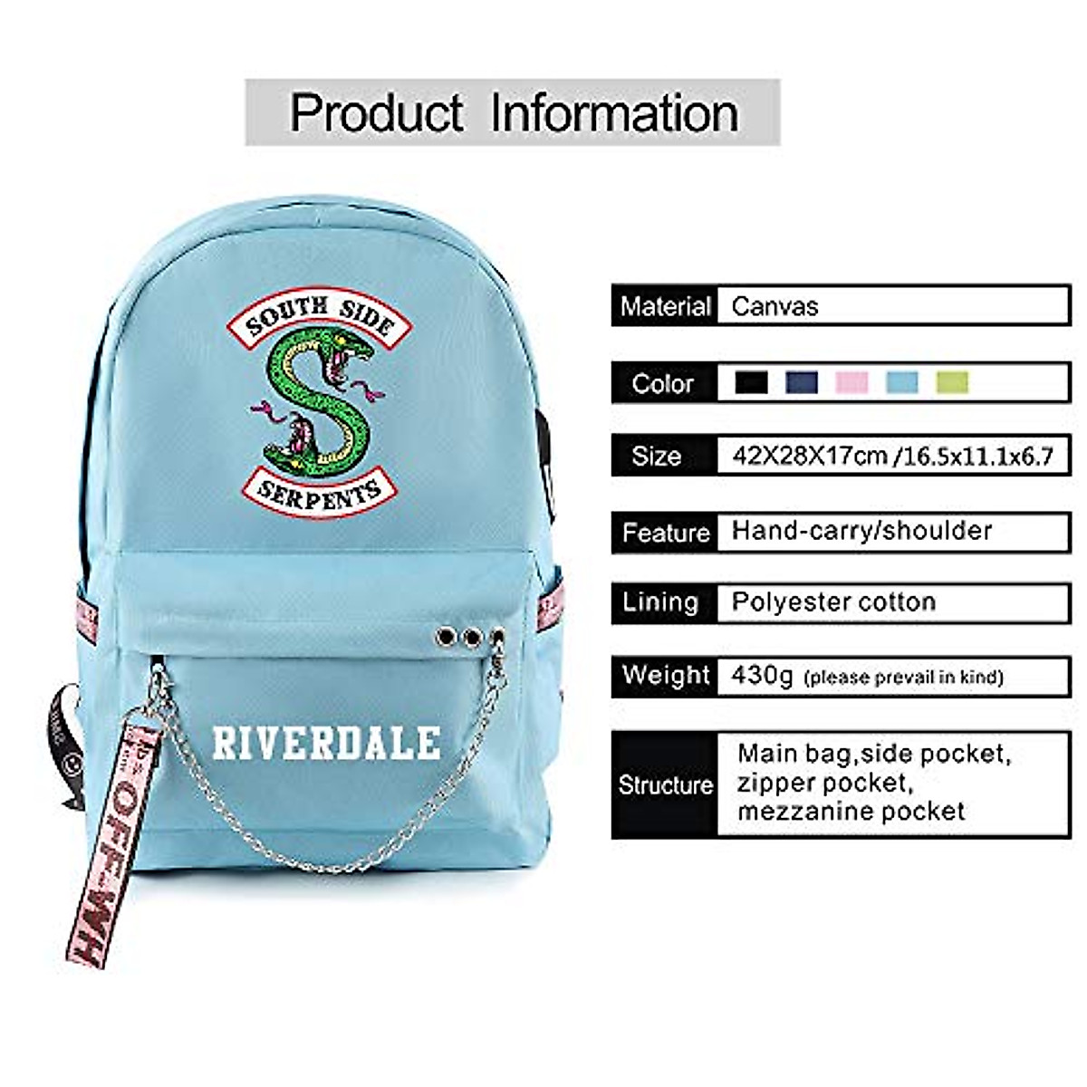 Adonisaon Riverdale South Side Serpents Backpack School Bag Laptop Backpack Teens Cool Zip Backpack Large Bag for Books Laptops