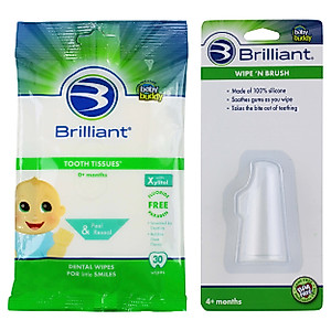 Brilliant Wipe N Brush -1 Silicone Toothbrush and 30 ct. Tooth Tissues - Xylitol Dental Wipe, Mouth Cleaner for Infants 4-16 Months Old, Infant Oral Cleaning Products, Baby Registry Must Haves, Clear