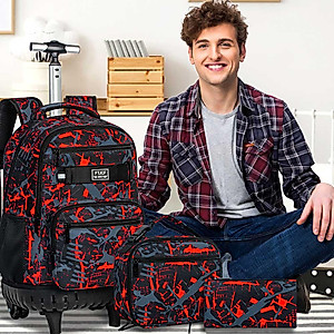 FTJCF 3PCS Rolling Backpack for Boys, 19 Inche Adults Roller Bag with Wheels, Graffiti Wheeled Bookbag Set for Men(Red)