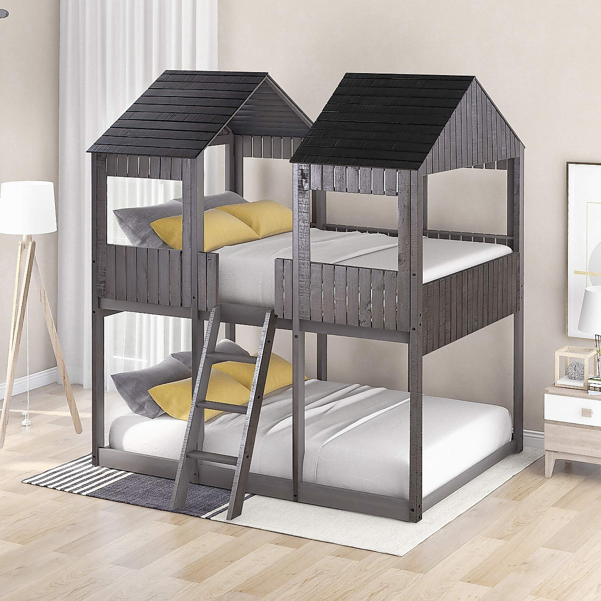 HABUHOME Full Over Full House Bunk Bed with Roof, Wood House Bunk Bed with Window, Guardrail, Ladder for Kids, Teens, Girls, Boys,Gray