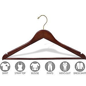 Wooden Suit Hangers with Walnut Finish and Solid Wood Bar, Space Saving Flat 17 Inch Hanger with Brass Swivel Hook & Notches (Set of 8) by The Great American Hanger Company